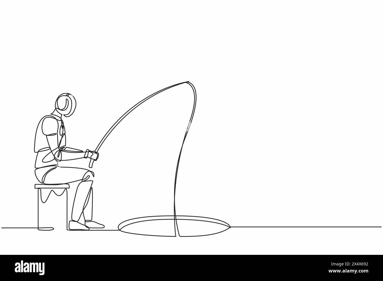 Single continuous line drawing robot holding fishing rod from hole ...