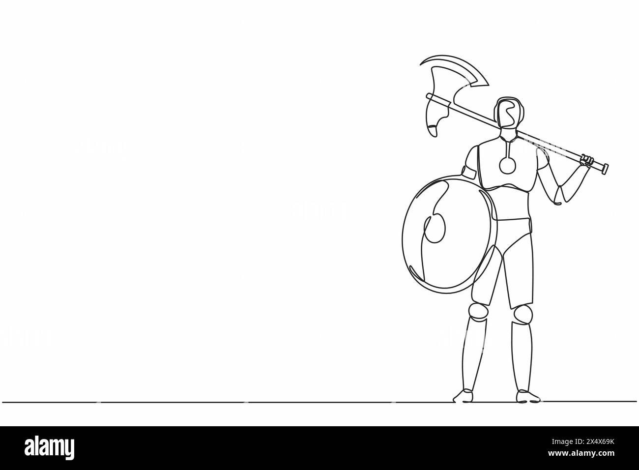 Single one line drawing robot standing holding axe and shield. Future ...