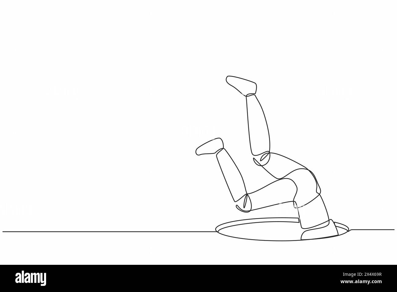 Single one line drawing robot falling into pit hole. Protruding legs ...
