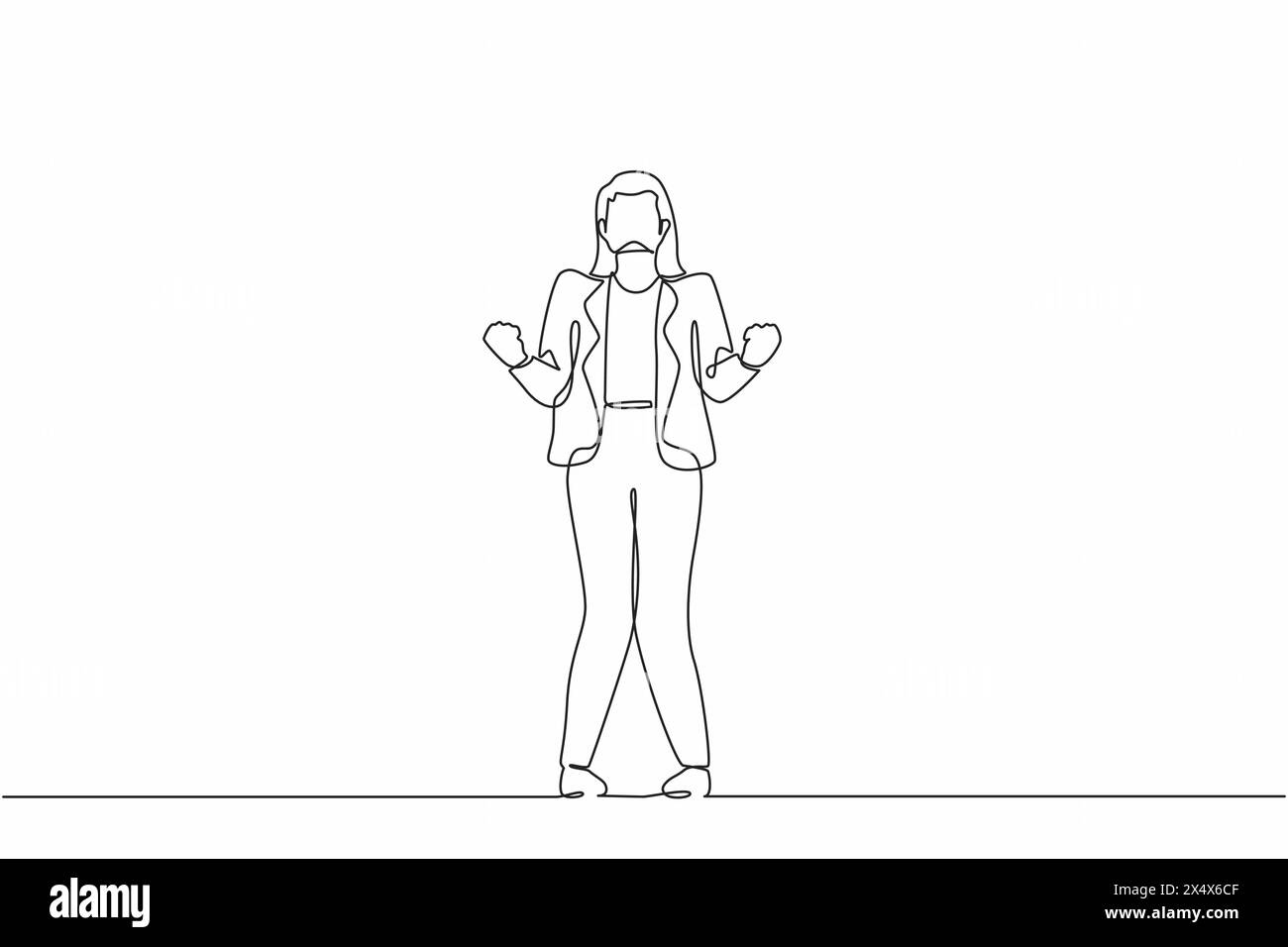 Continuous one line drawing happy businesswoman standing with both ...