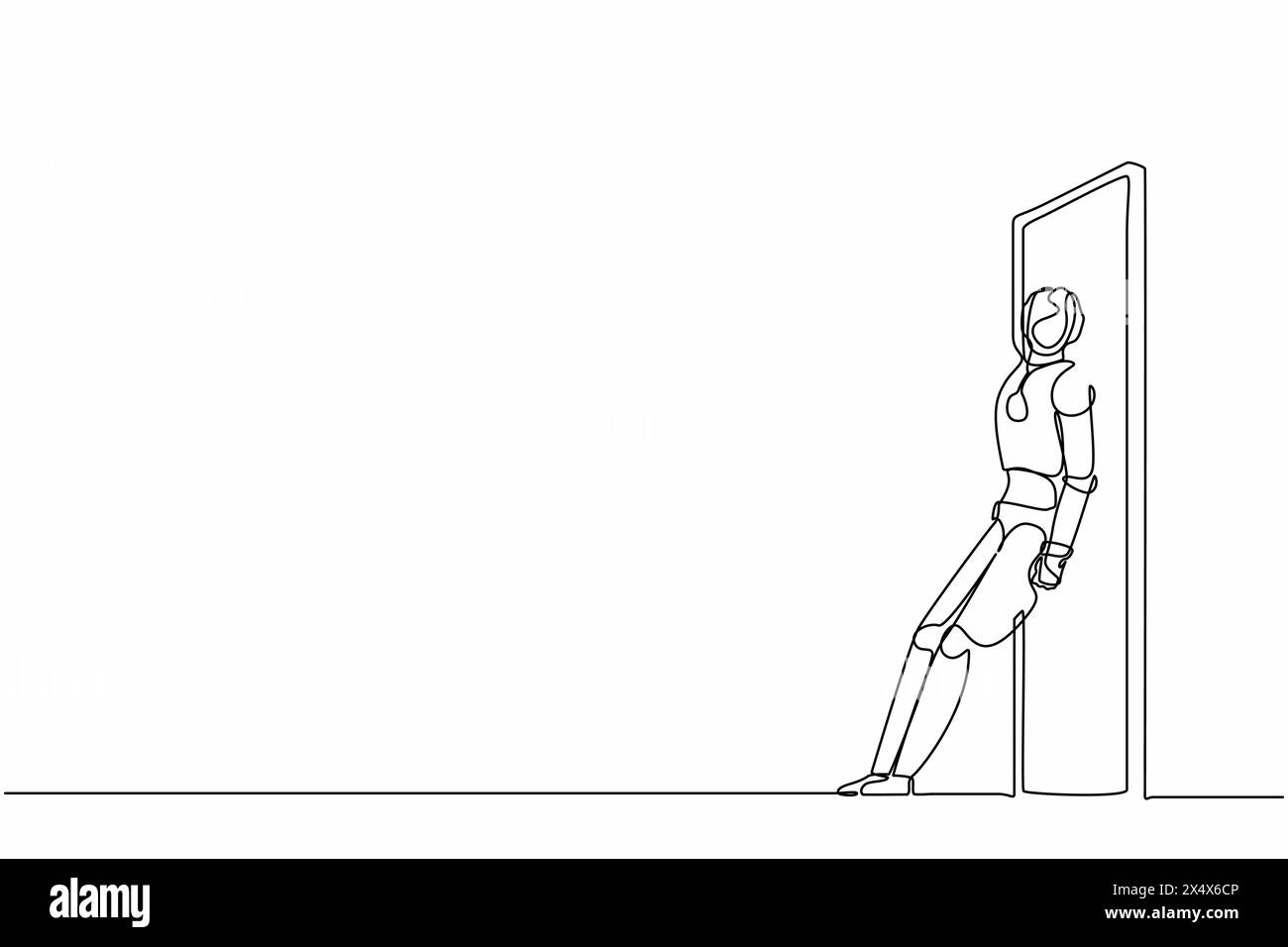 Continuous one line drawing robots standing and pushing door with her ... Continuous one line drawing robots standing and pushing door with her ...