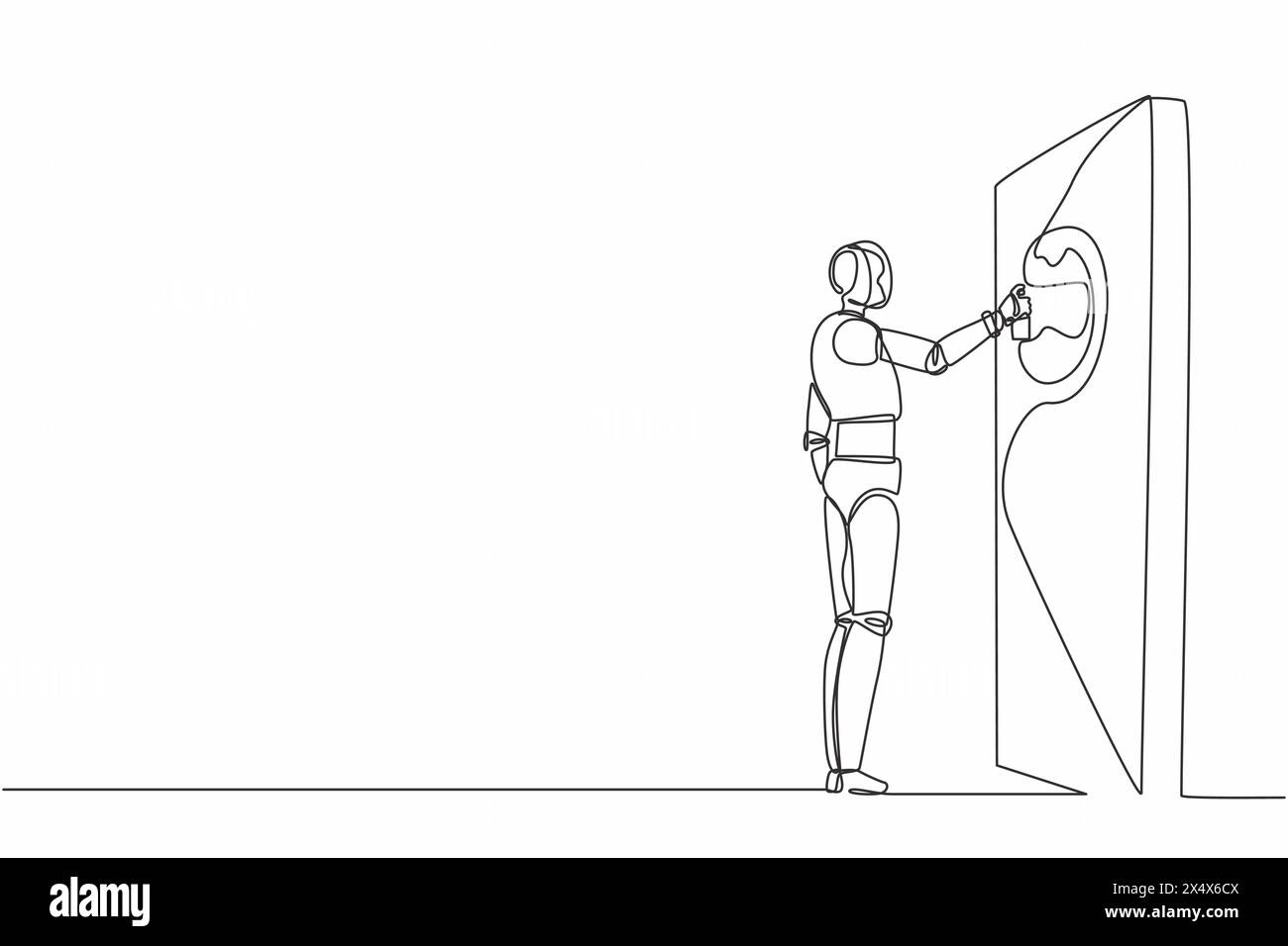 Single one line drawing robot is painting abstract picture on the wall ...