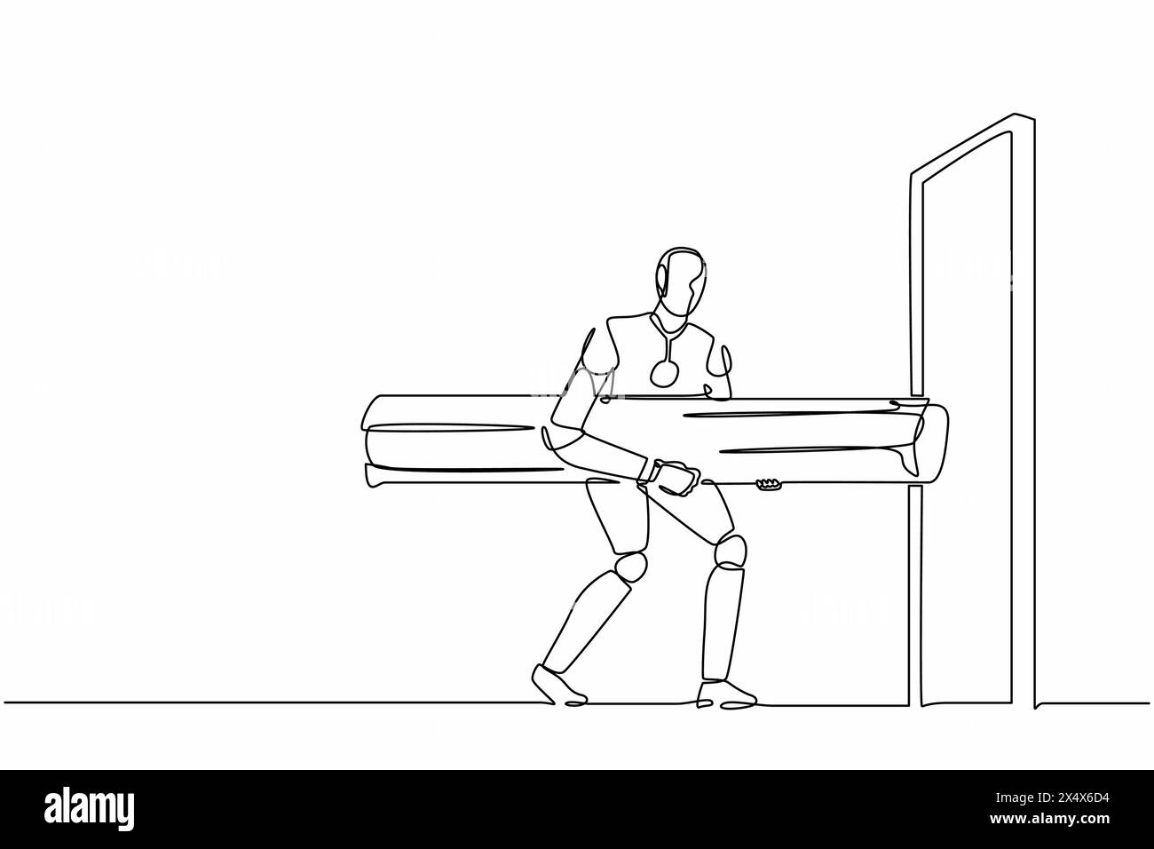 Single one line drawing robot holding large log to destroying door ...