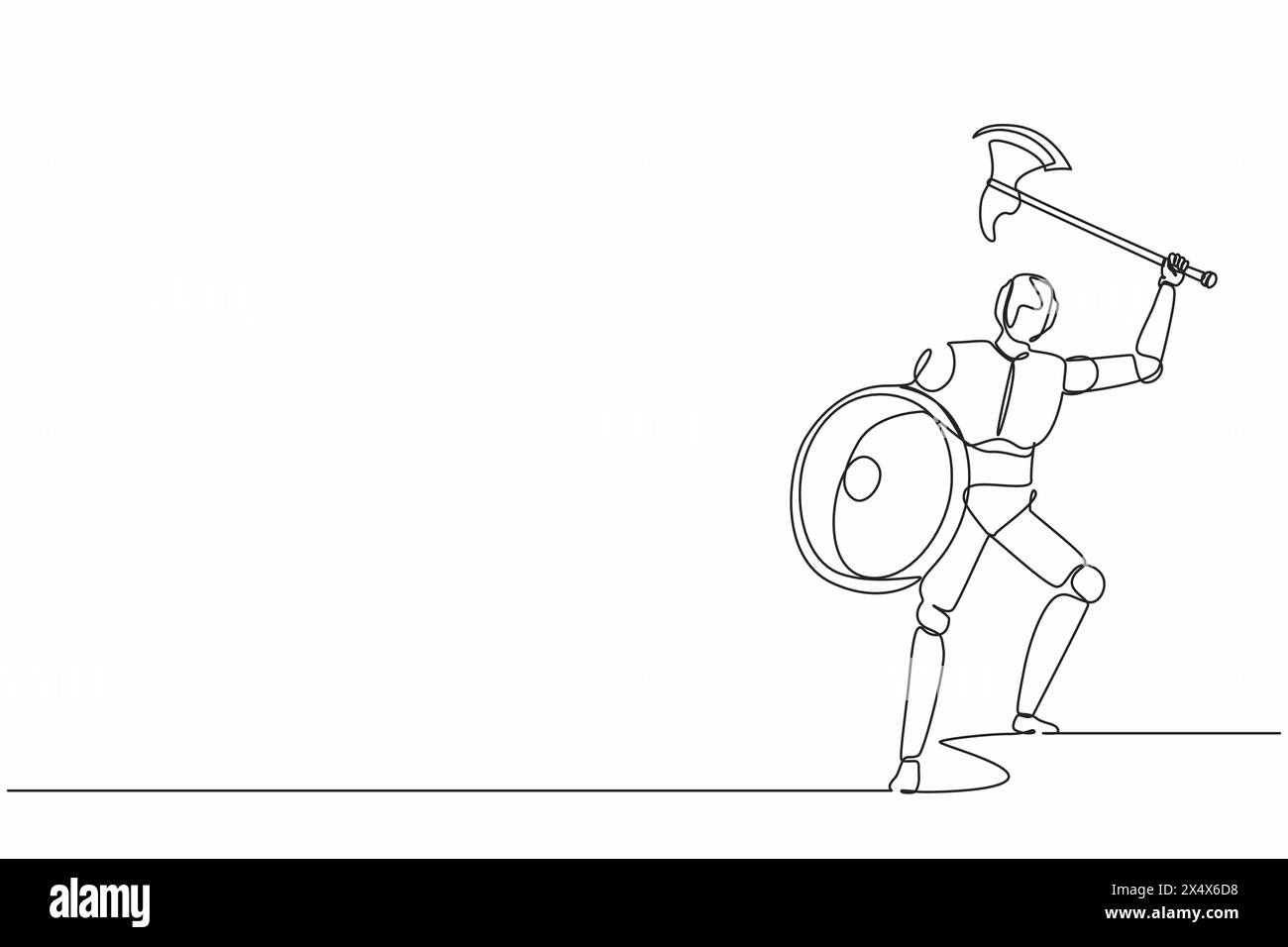 Single continuous line drawing robot with axe and shield furiously ...