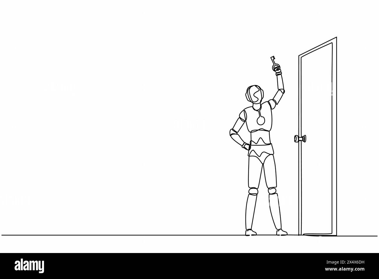 Single one line drawing robot lifting up key in front of door. Future ...