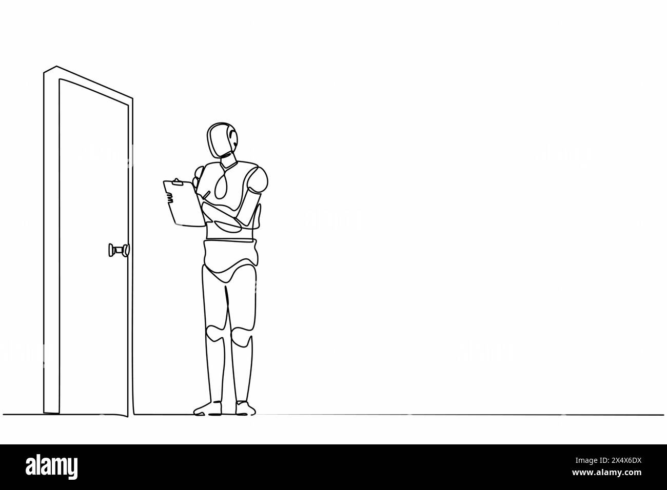 Continuous one line drawing robots standing in front of door and ...