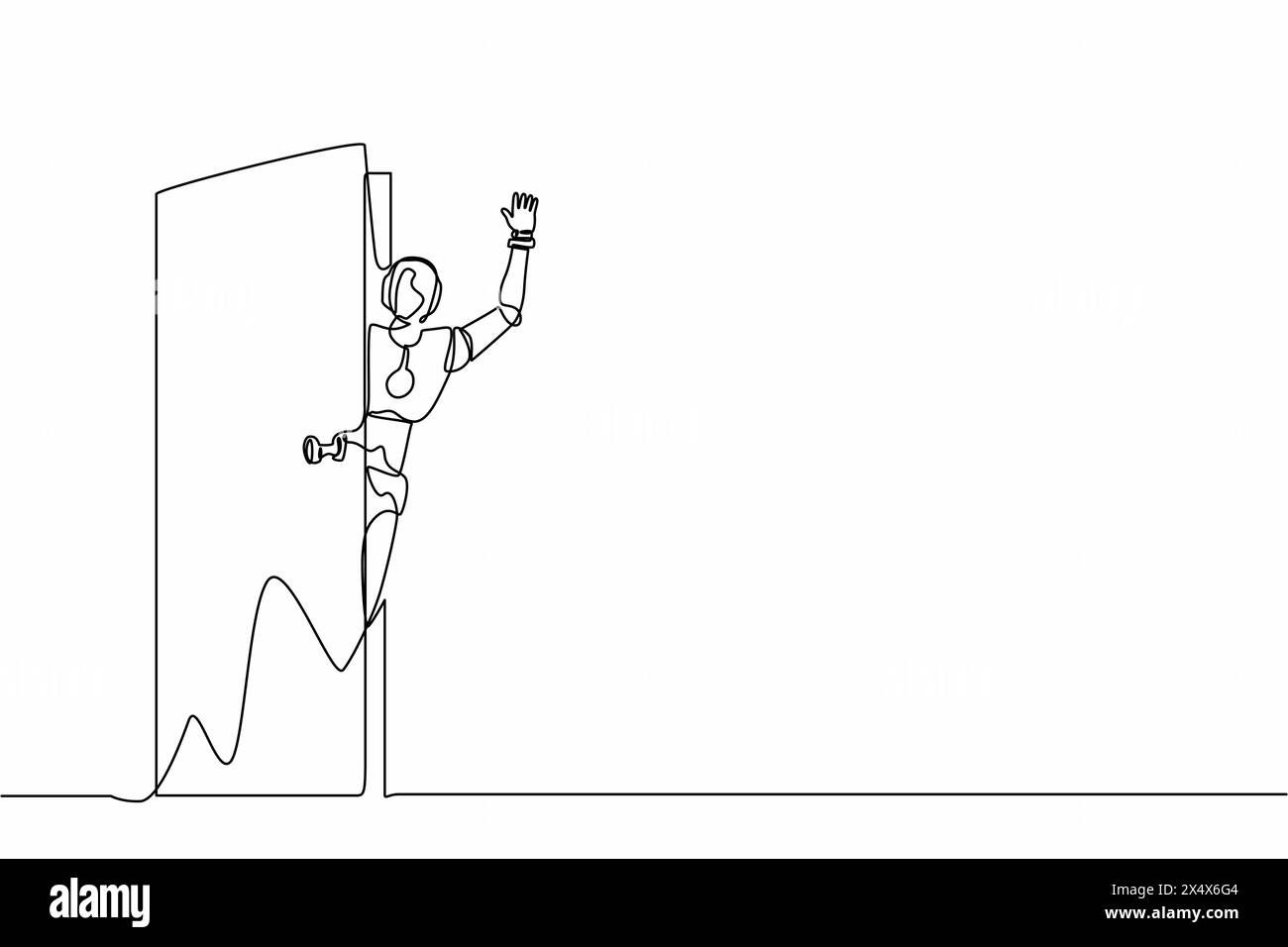 Single continuous line drawing robots peeking of door and wave hands ...