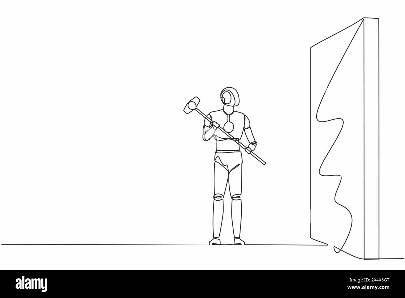 Continuous one line drawing robot standing and holding big hammer while ...