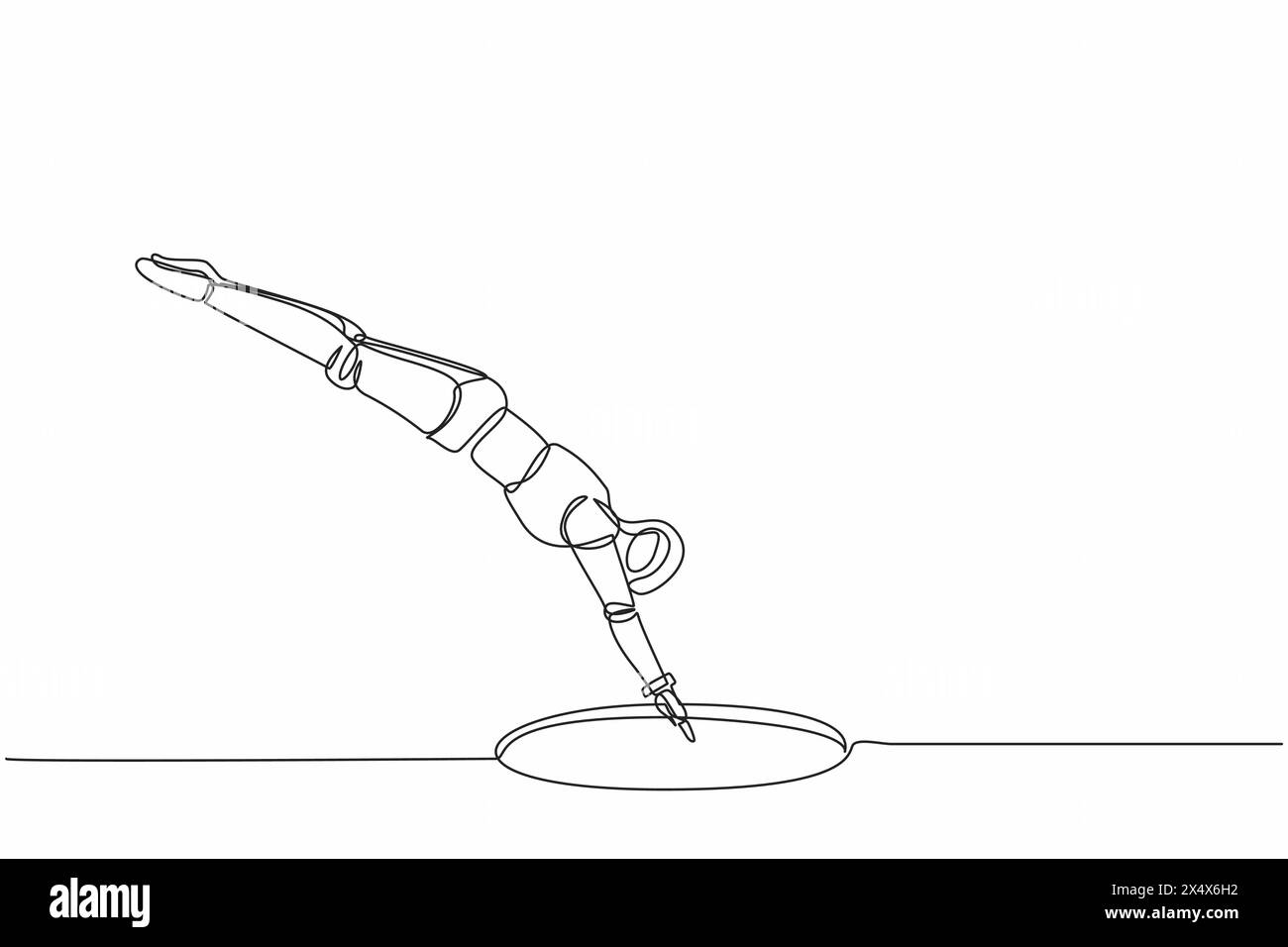 Single one line drawing robot jump into hole. Future technology development. Artificial ...