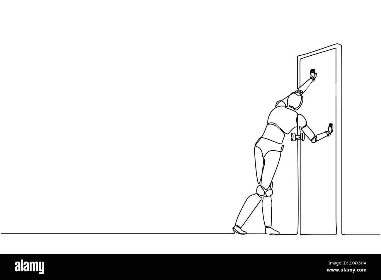Single one line drawing robot standing and pushing closed door. Future ... Single one line drawing robot standing and pushing closed door. Future ...