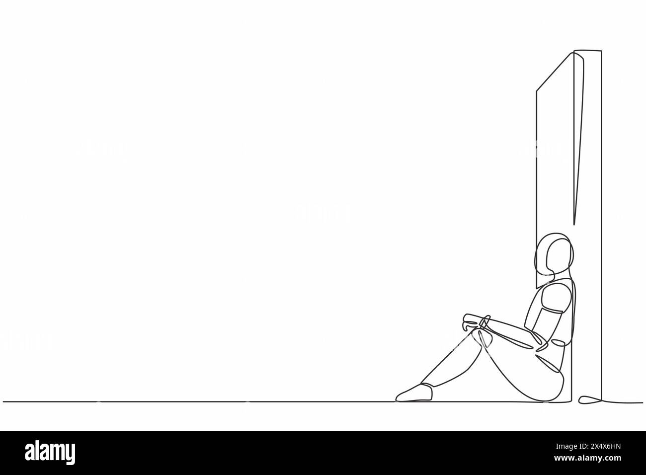Single continuous line drawing robot sitting on floor and lean against ...