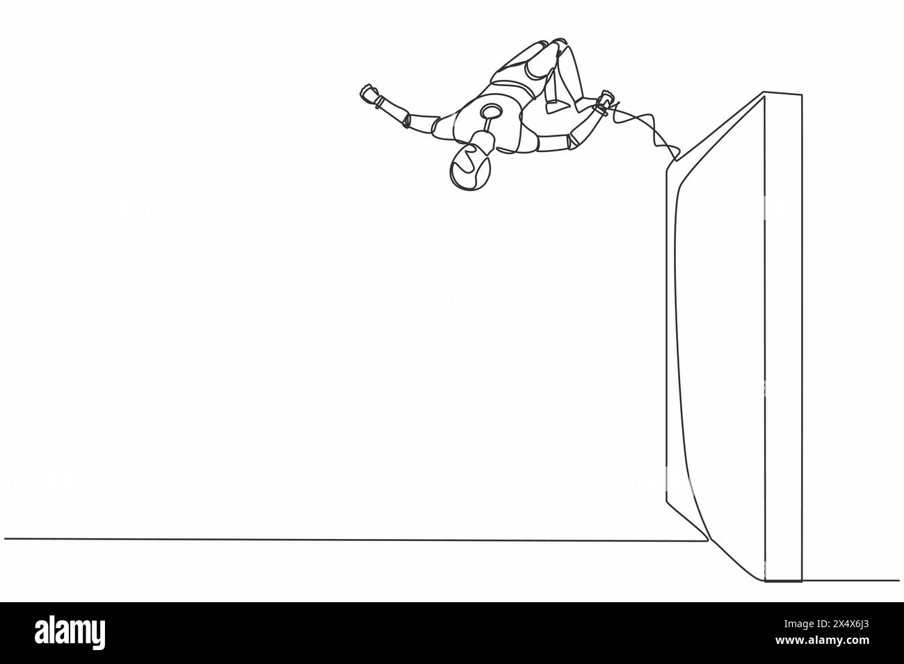 Single continuous line drawing robot jumping over brick wall with ...
