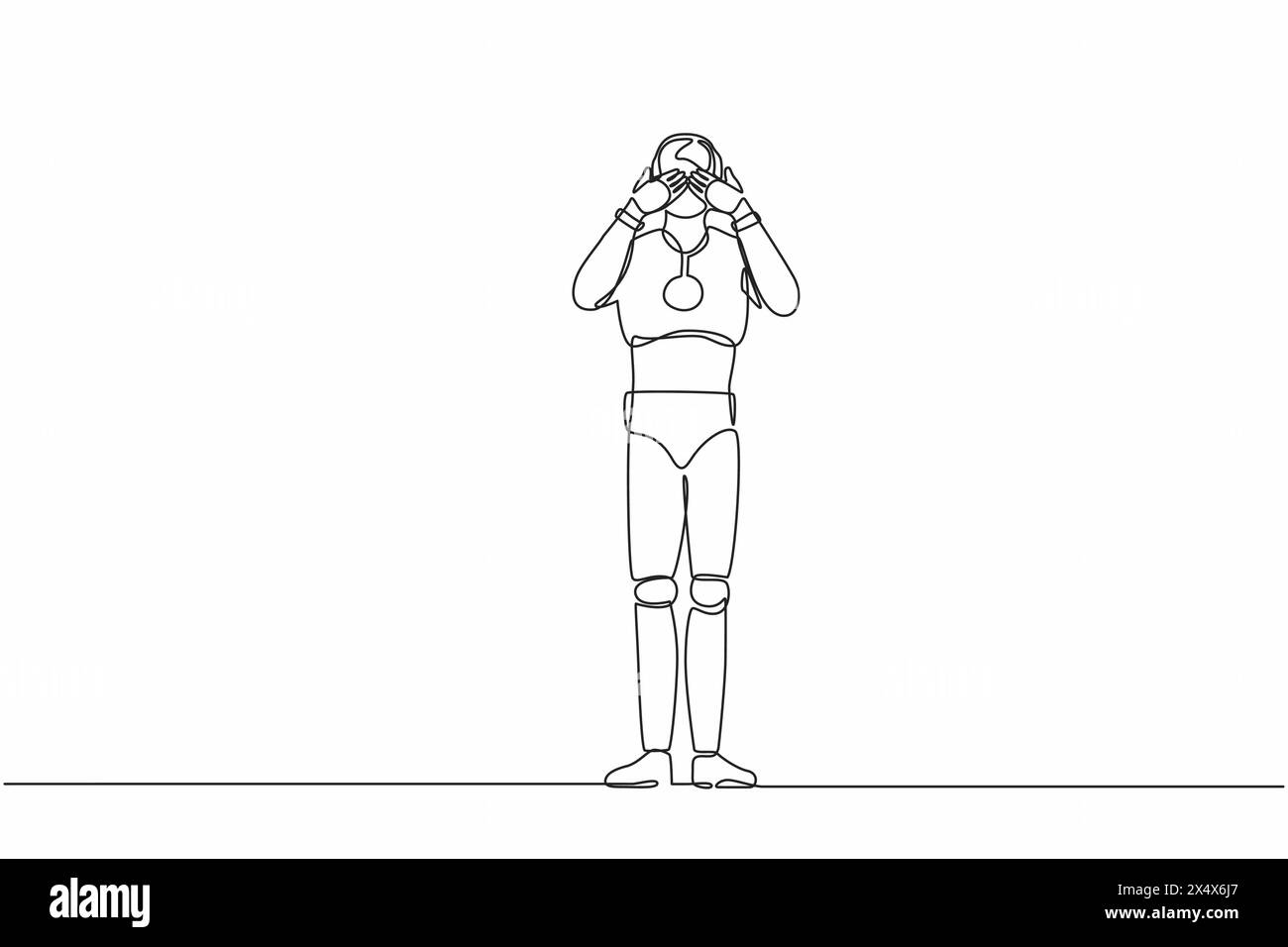 Single continuous line drawing robot closes his eyes with hands because ...