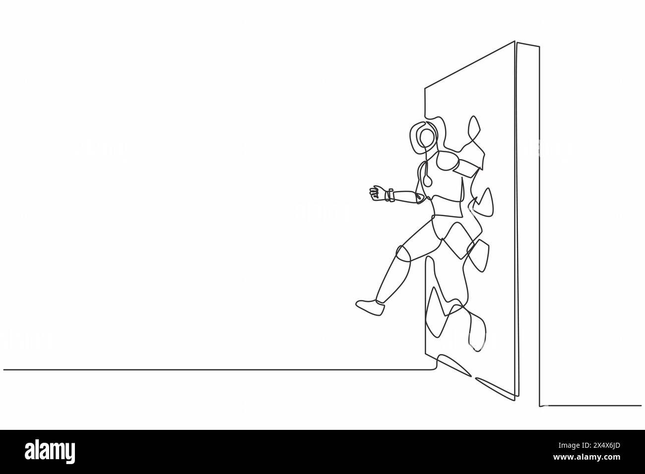 Single one line drawing robot run and breaking through brick wall ...