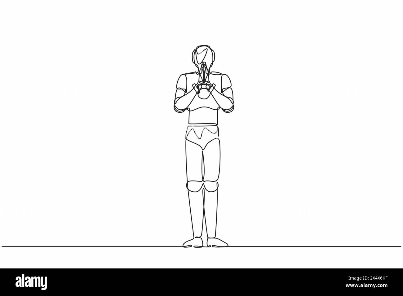 Single continuous line drawing robot holding palms in prayer. Robot emotion, body language ...