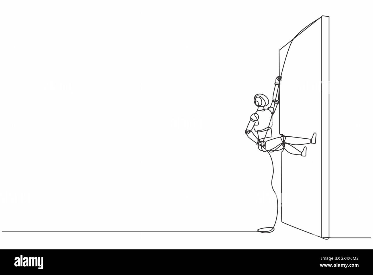 Single continuous line drawing robot climbing over wall with rope ...