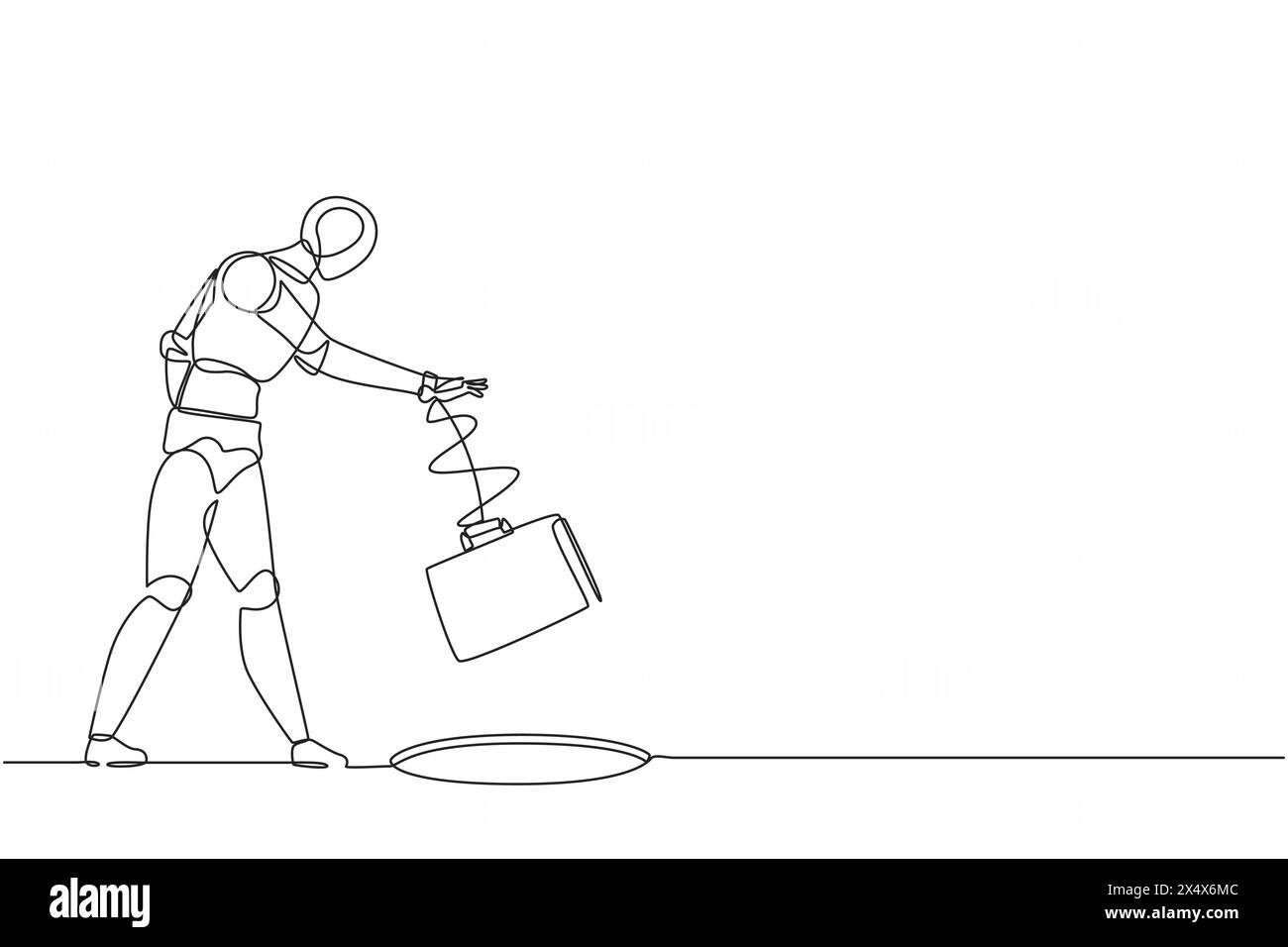 Single one line drawing robot throws briefcase into hole. Future ...