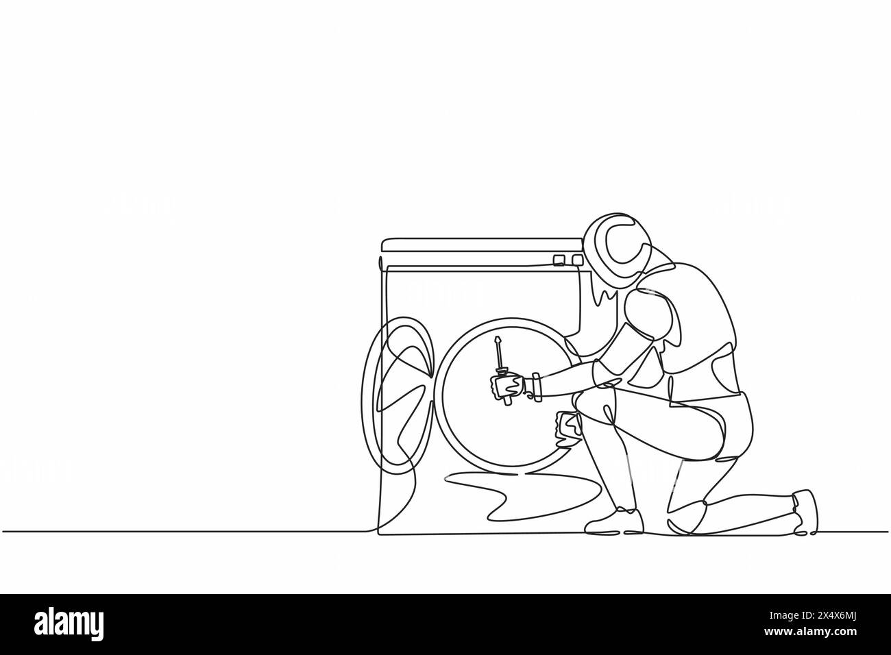 Single one line drawing robot repairman fixing washing machine at home ...