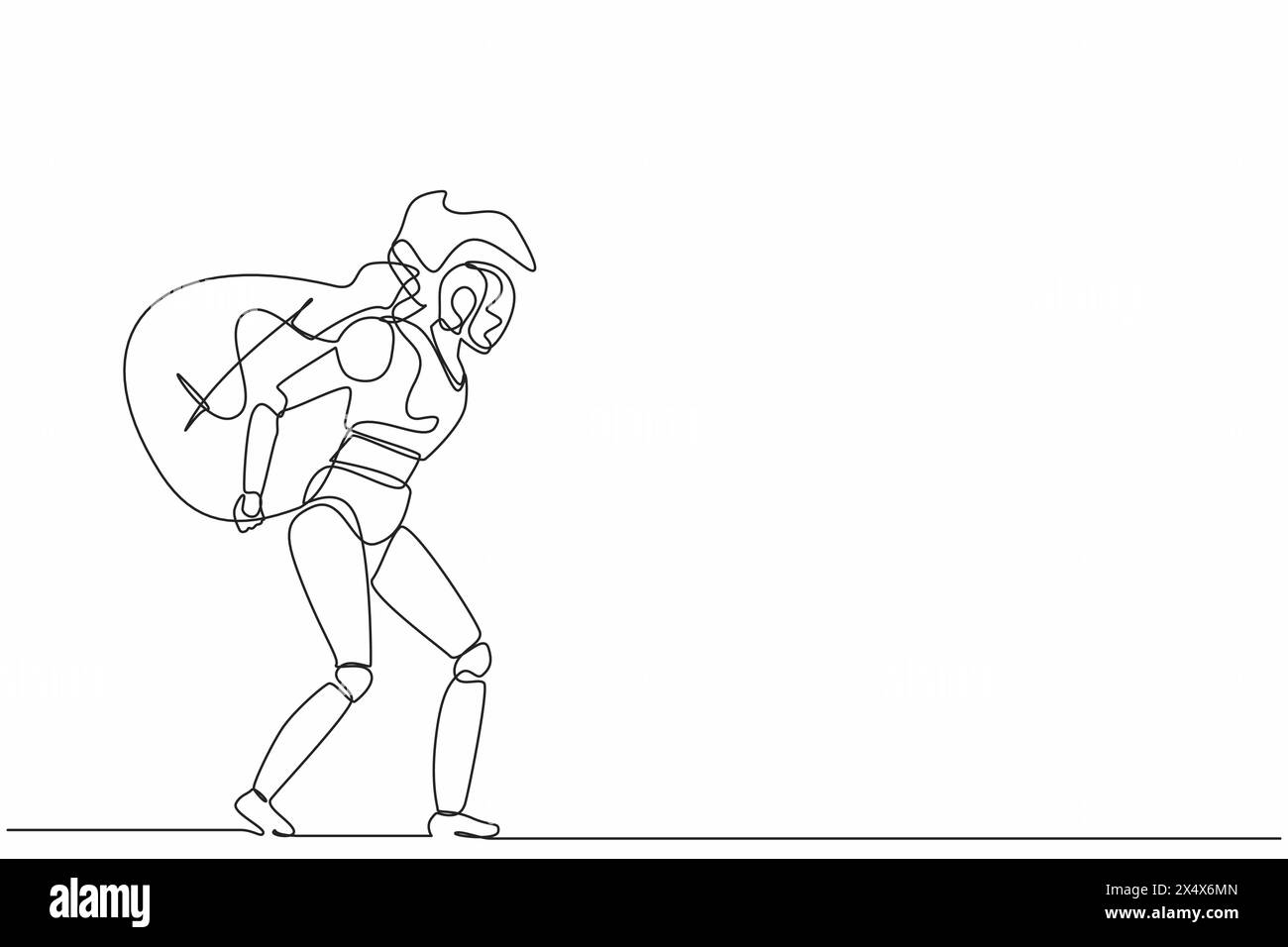 Continuous one line drawing robots carry heavy huge bag full cash of ...