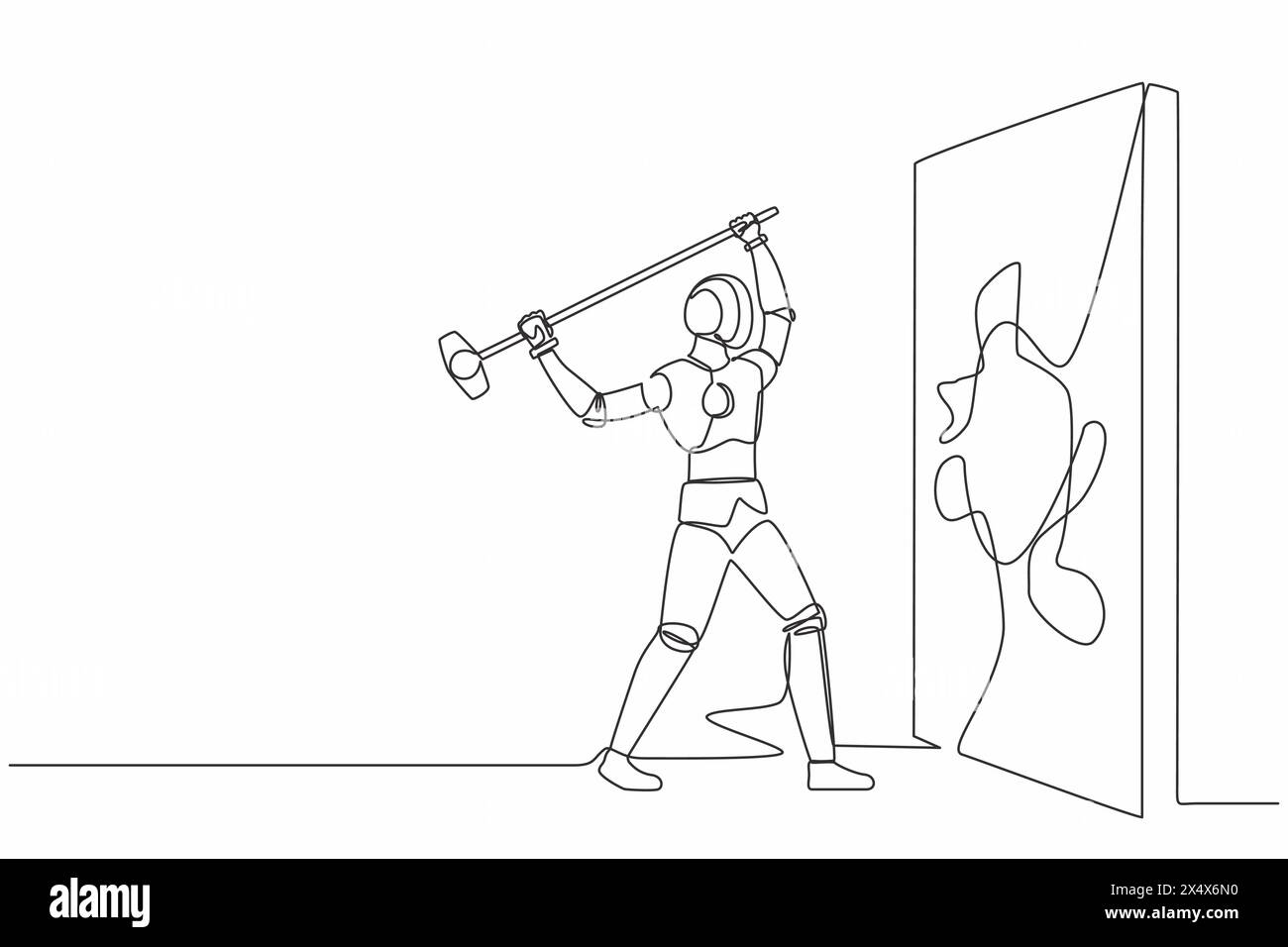 Single one line drawing robot breaks and hitting wall with hammer ...