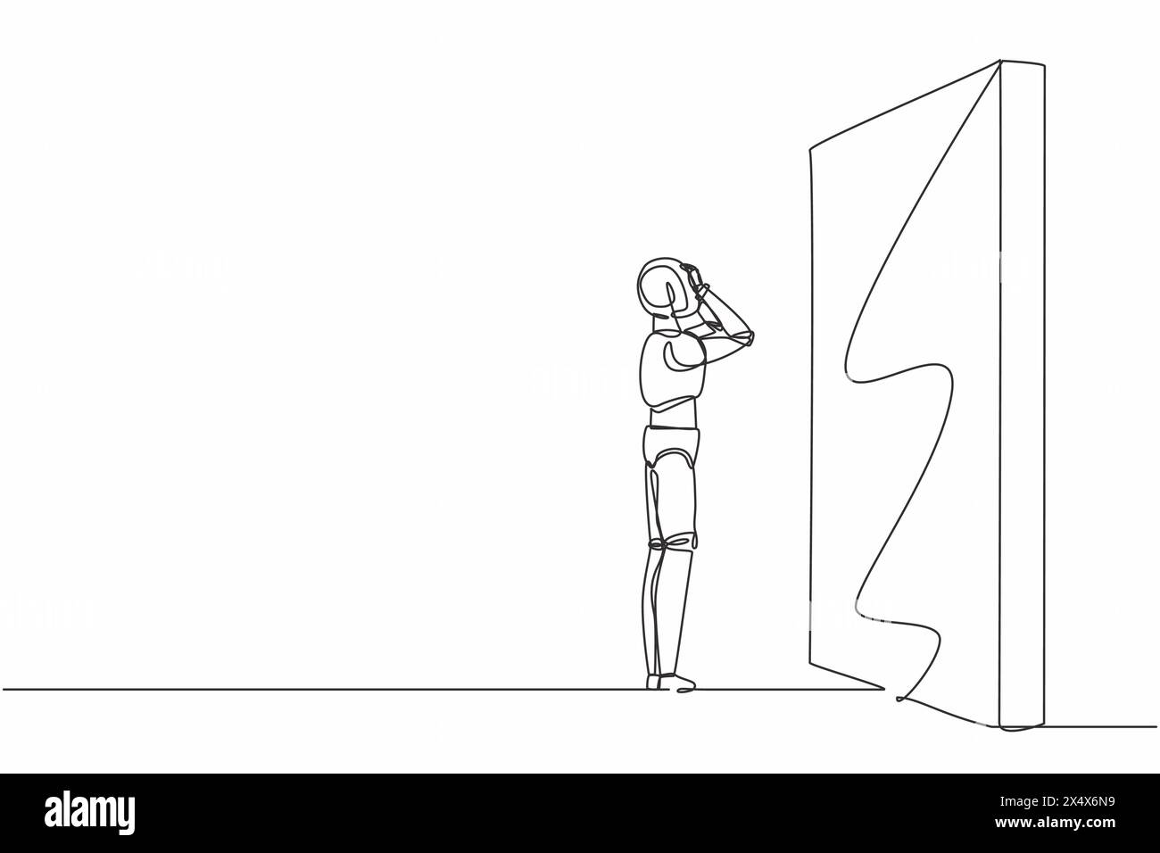 Single one line drawing robot standing and confused in front of huge ...