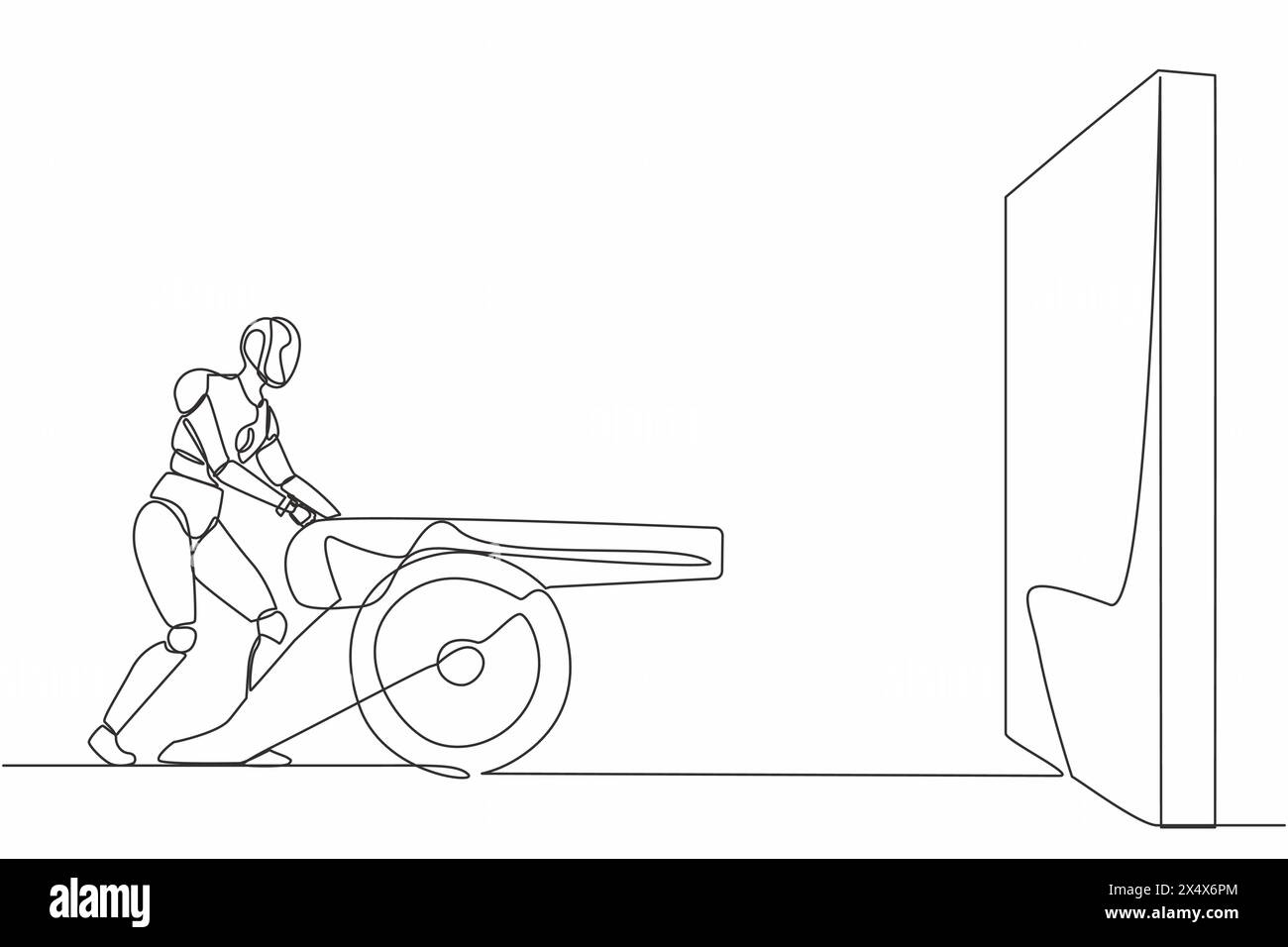 Single one line drawing robot ignites cannon in front of wall and want ...