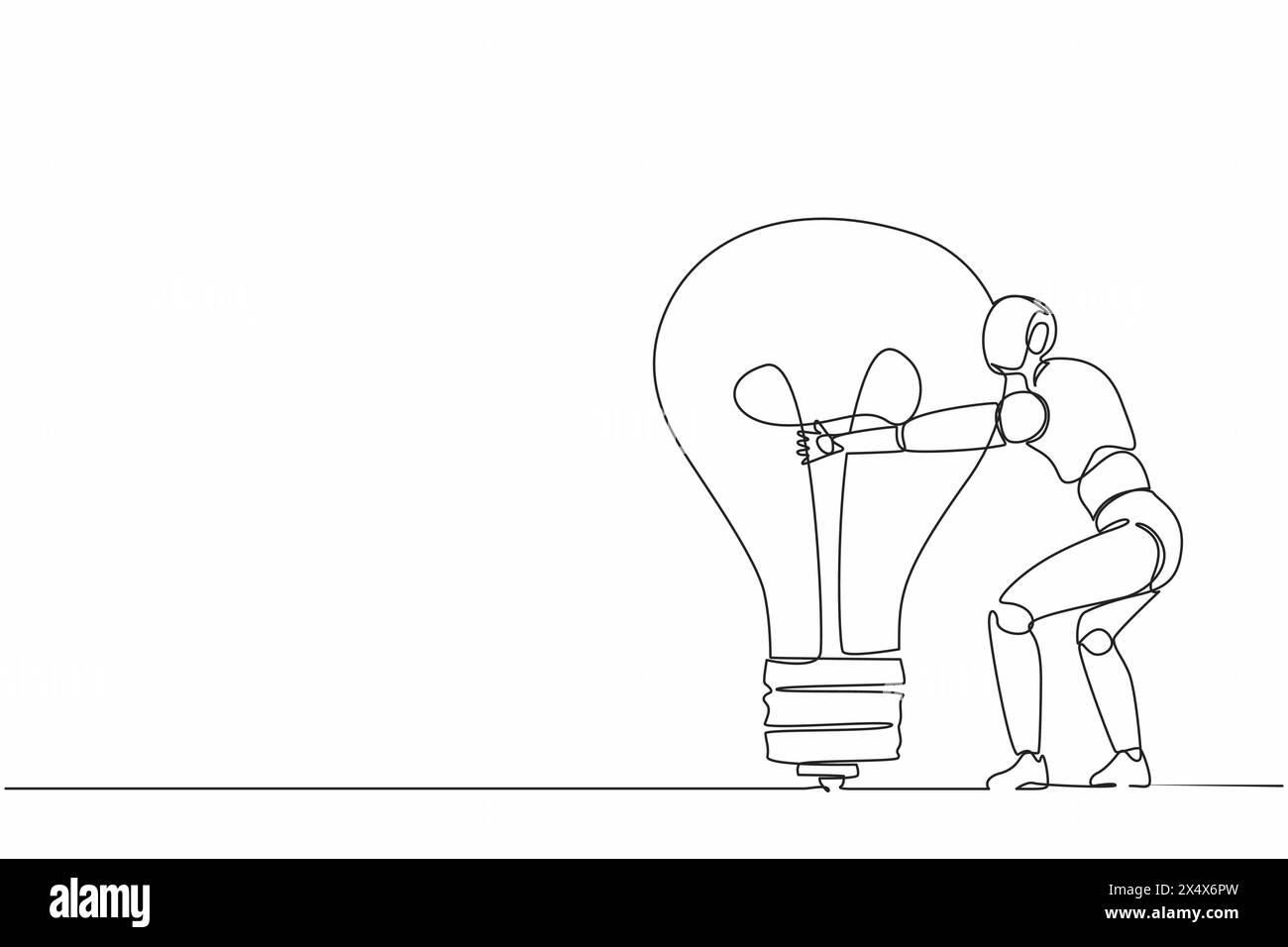 Single continuous line drawing robots hugging huge light bulb. Modern ...