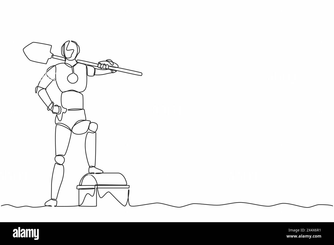 Single continuous line drawing robot digging ground with shovel and ...