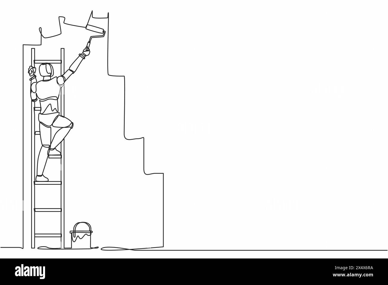Single continuous line drawing robot painter standing on staircase ...