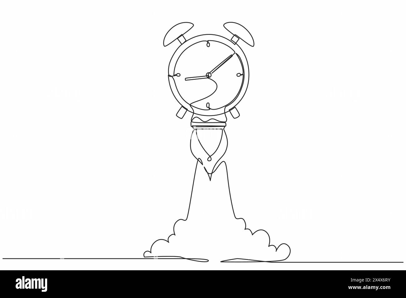 Single one line drawing rocket launch with big alarm clock. Future ...