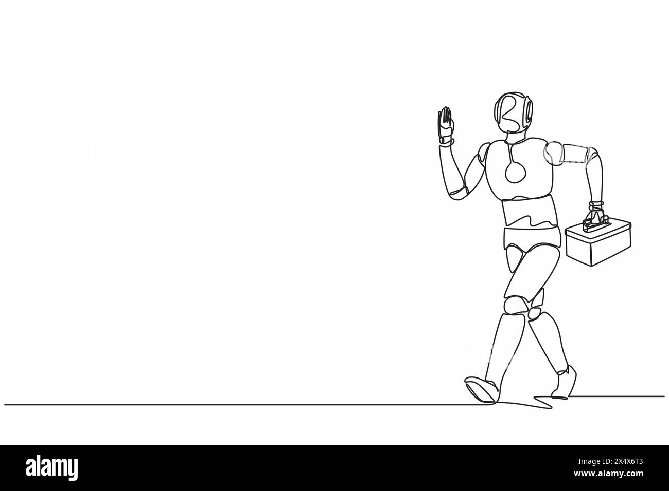 Continuous one line drawing robot mechanic repairman worker with tool box is running. Technical ...