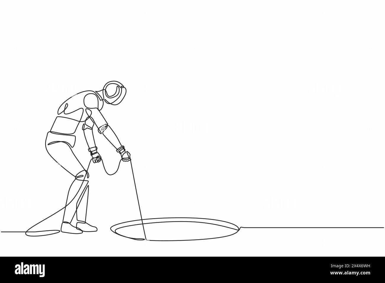 Continuous one line drawing robot stretch out rope into hole. Wondering ...