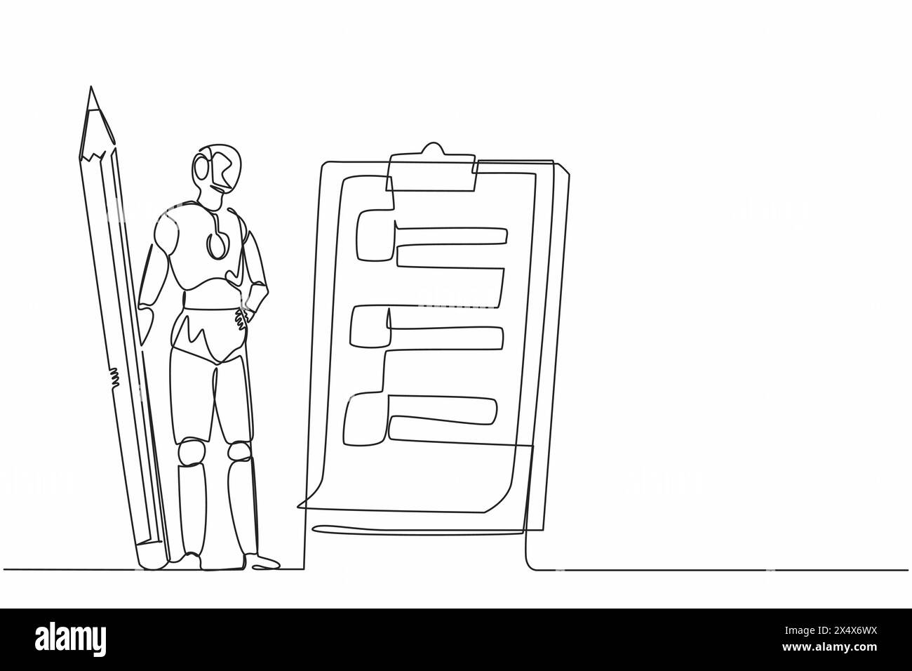 Single continuous line drawing robots holding big pencil and looking clipboard. Modern robotics ...