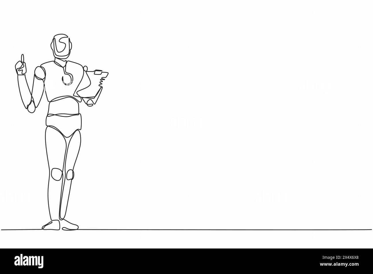 Continuous one line drawing robots holding clipboard and pointing index ...