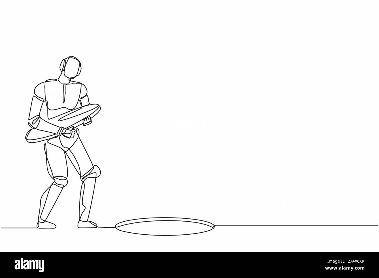 Single one line drawing robot holding iron hole cover. Future ...