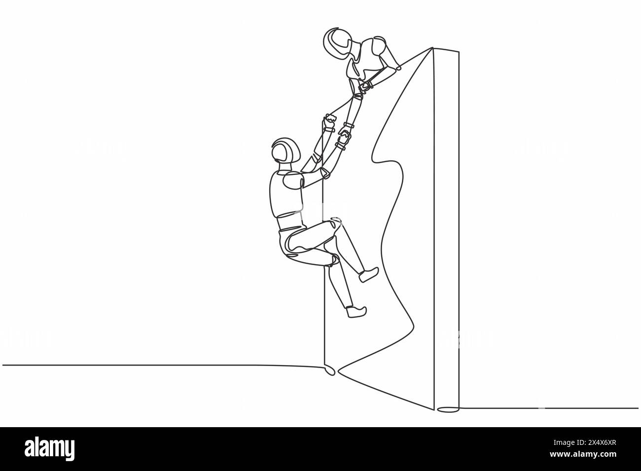 Single continuous line drawing robot helping another robot climb wall ...