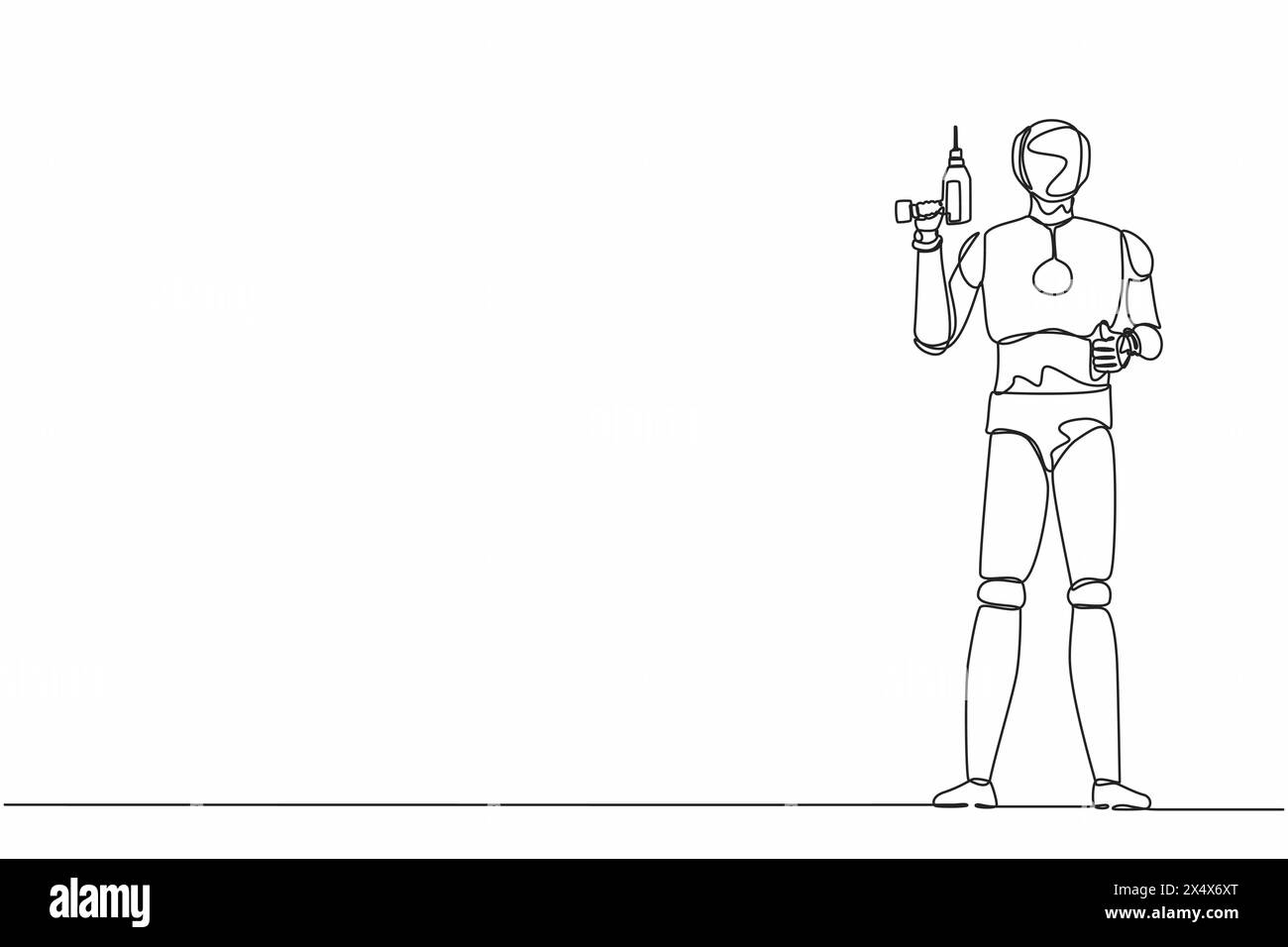 Continuous one line drawing robot worker holding electric drill tool for repair. Humanoid robot ...