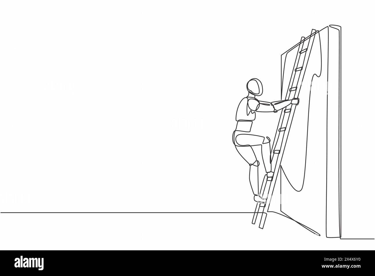 Single continuous line drawing robot climbing up the wall with ladder ...