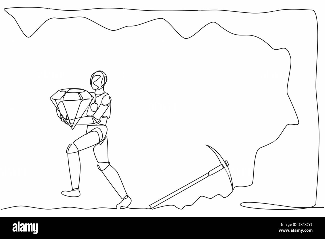 Single one line drawing robot bearing big diamond from underground ...