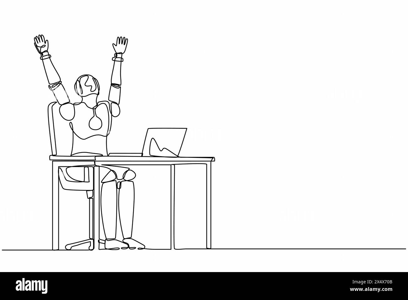 Single one line drawing happy robot at desk celebrating win with hands ...
