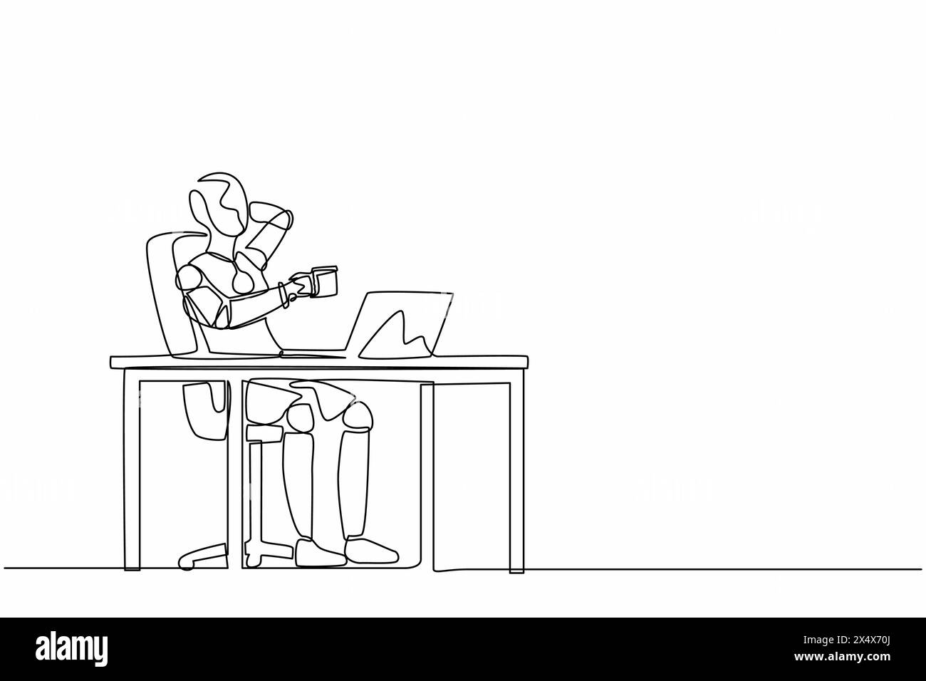Continuous one line drawing robot relaxed at desk and drink cup of ...