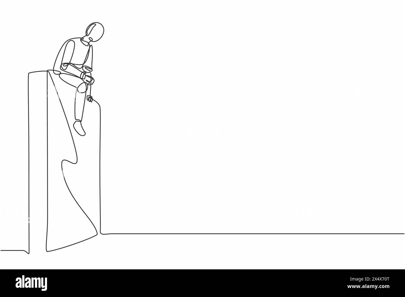 Single continuous line drawing robot sad sitting on wall thinking of ...
