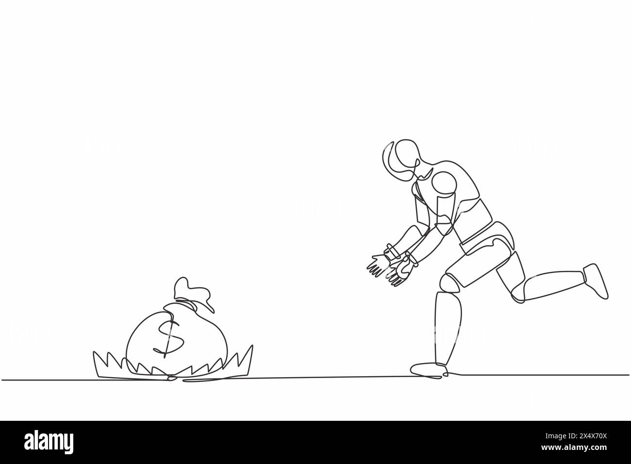 Continuous one line drawing robot running to catch money bag in the ...