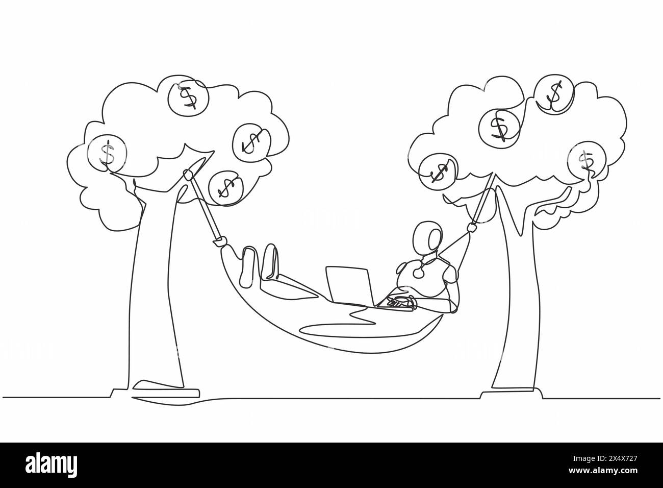 Single continuous line drawing robot typing with laptop in hammock tied ...