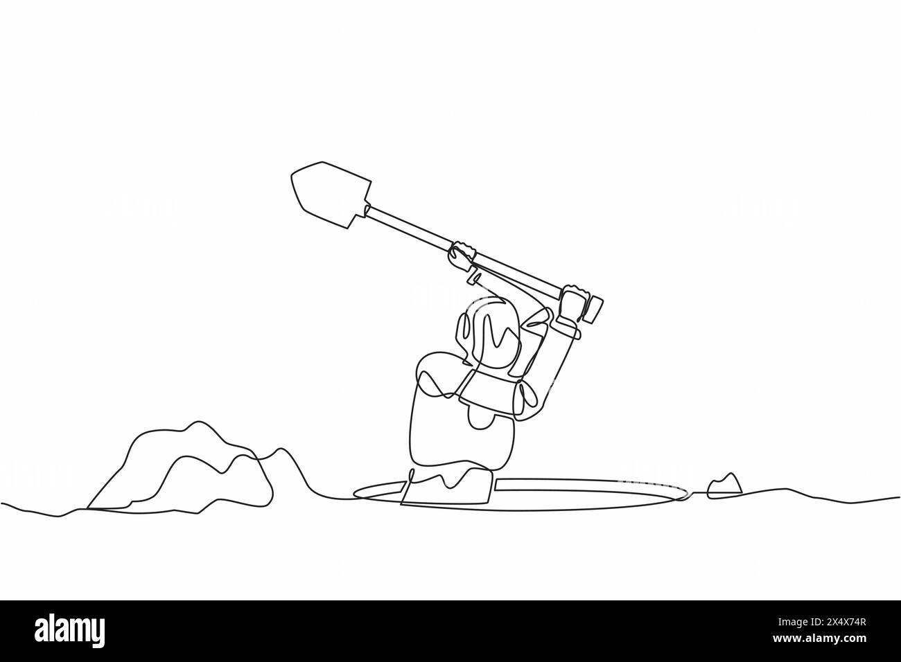 Continuous one line drawing robot digging in dirt using shovel ...