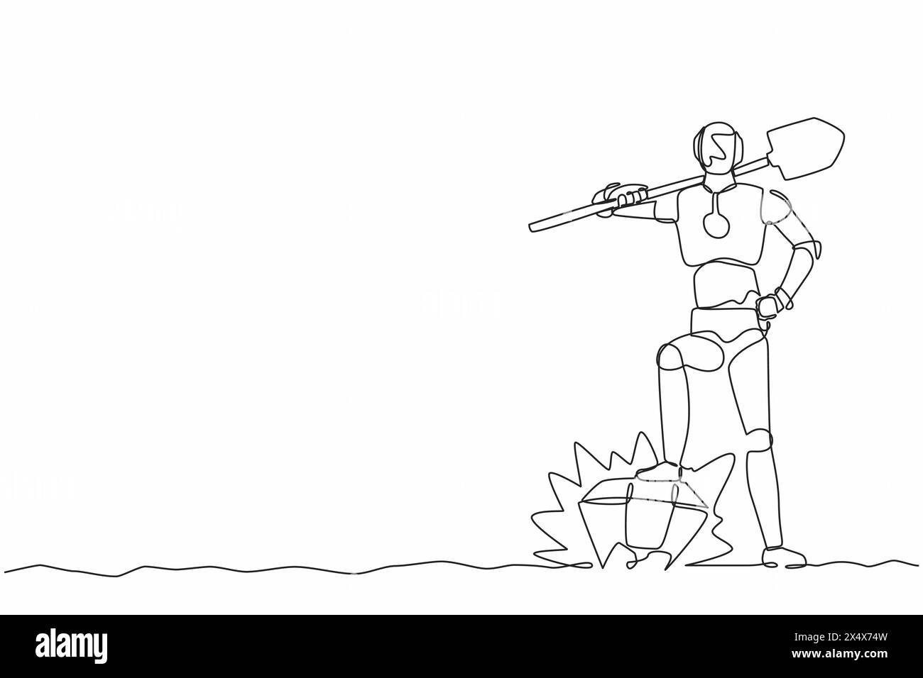 Single continuous line drawing robot digging ground with shovel finding big diamond. Robotic ...