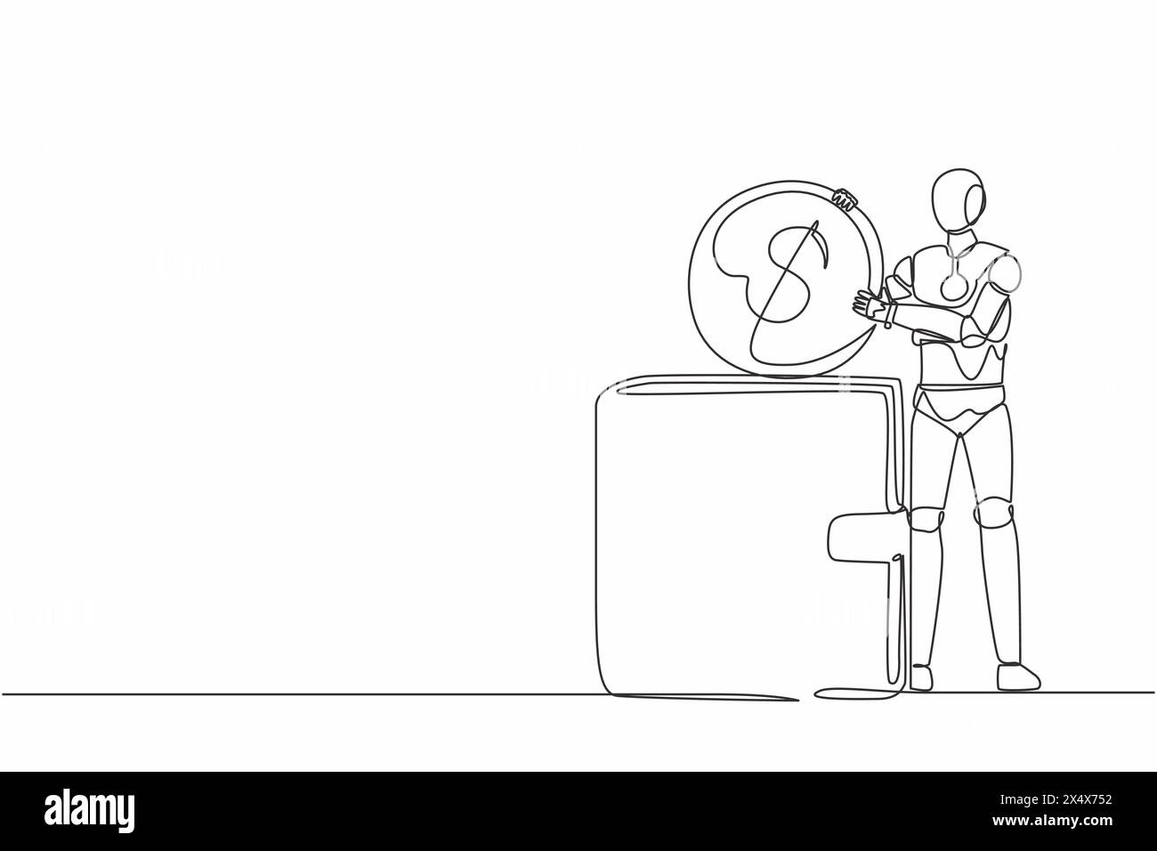 Continuous one line drawing robot putting dollar coin into big wallet ...