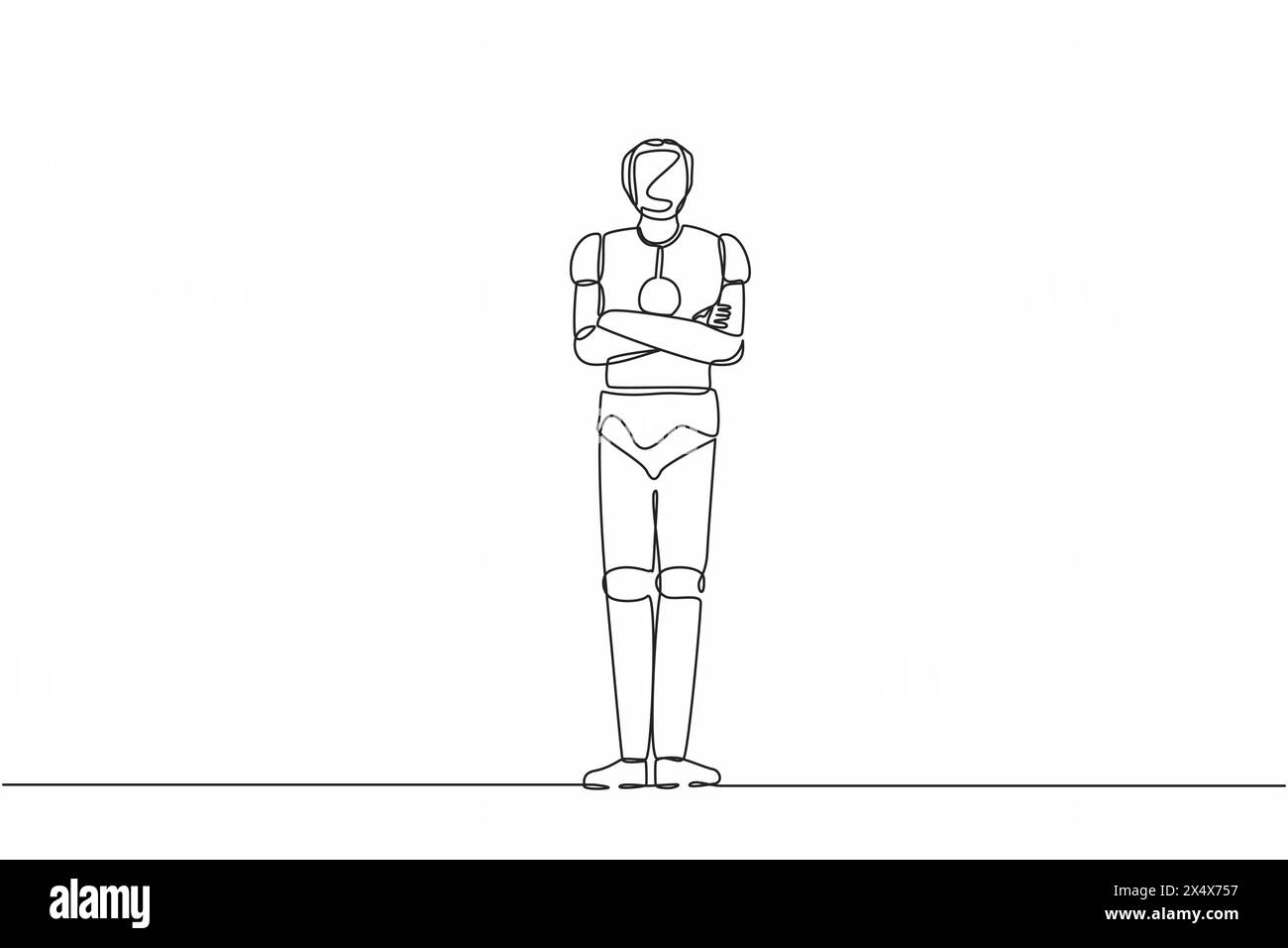 Single one line drawing robot standing with folded arms pose. Future ...