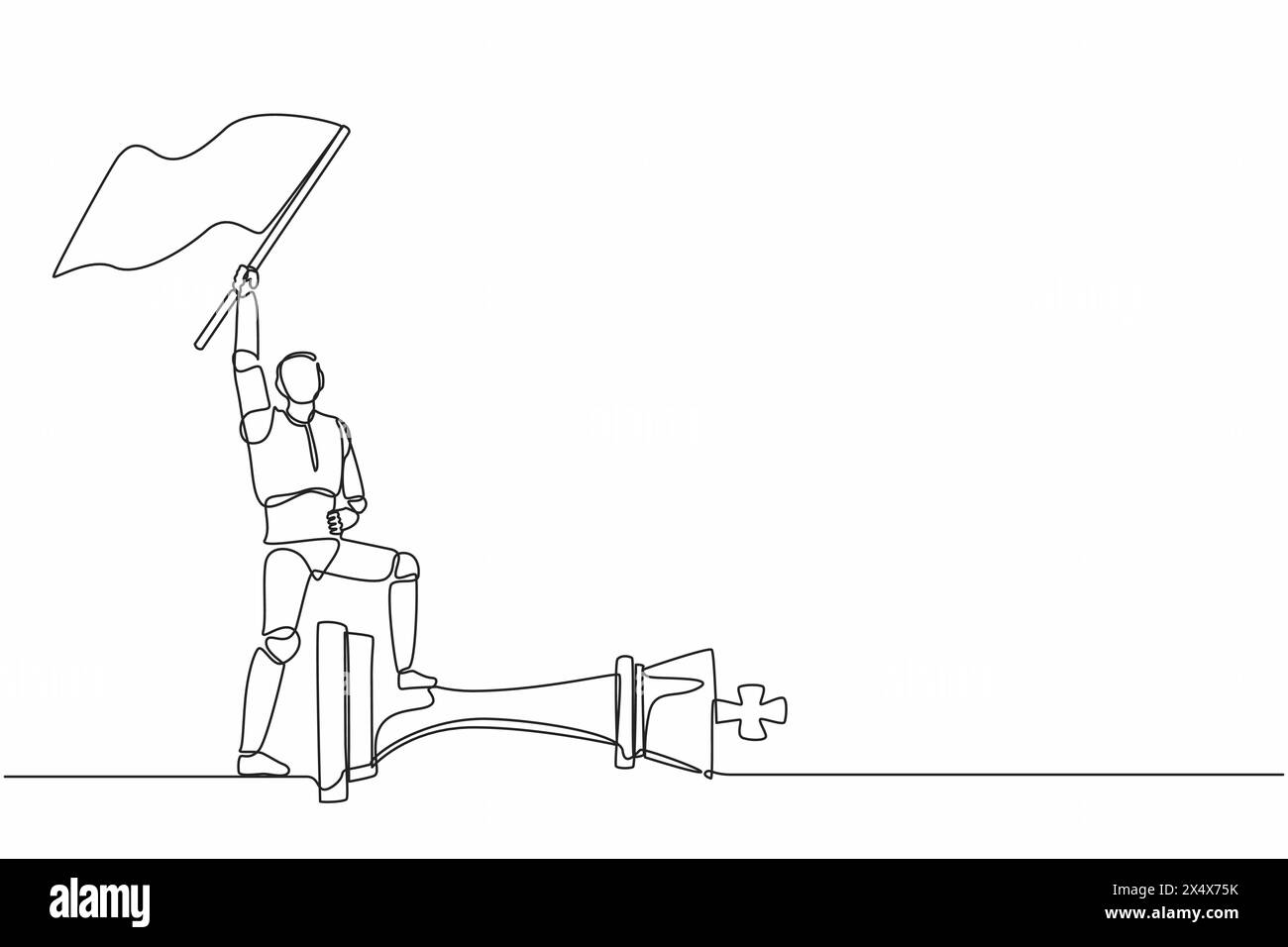 Single continuous line drawing robots holding flag and defeat chess ...