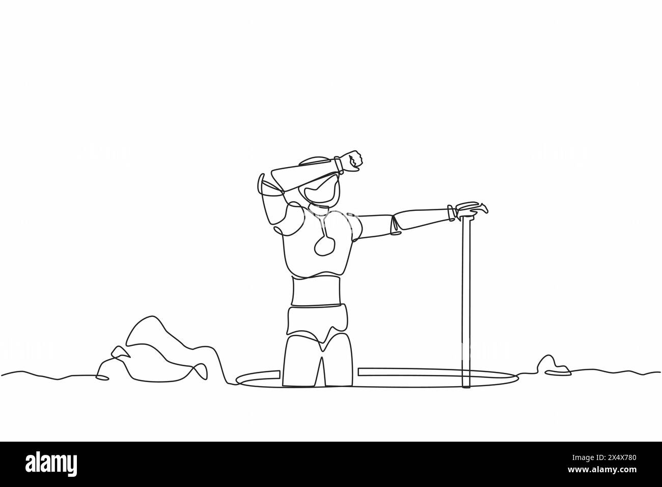 Single one line drawing robot wipes sweat on his forehead while digging ...